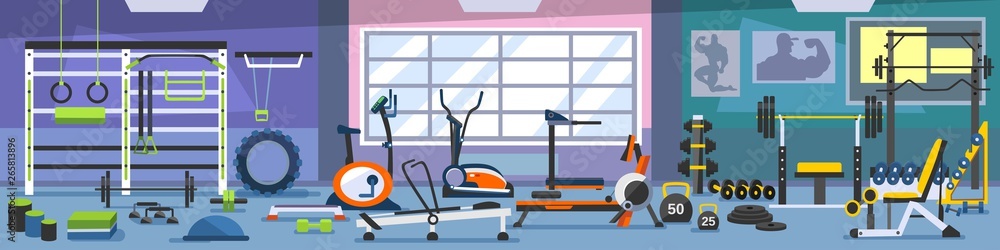 Gym zoning concept. Gym of fitness center interior design in cartoon ...