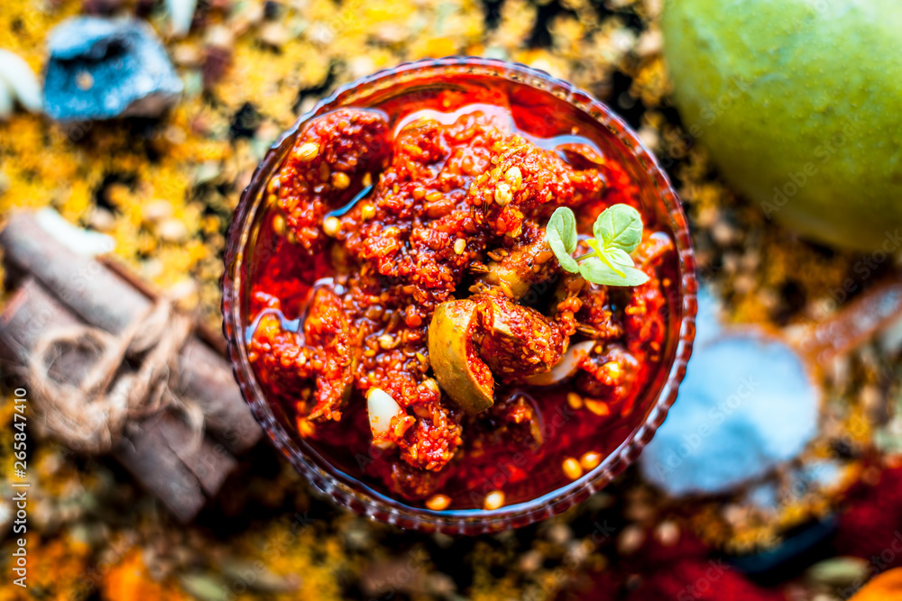 Popular Indian & Asian pickle of mango in a glass bowl i.e. Aam ka ...
