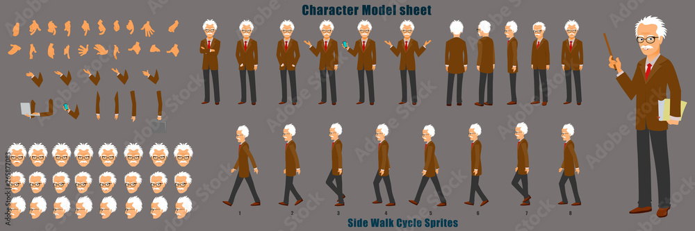 Professor Character Model Sheet with Walk cycle Animation Sequence ...