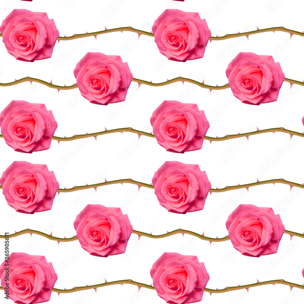 Seamless, endless pattern with roses and thorns, bright pink roses on ...