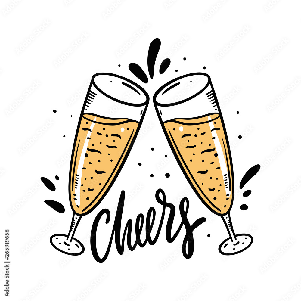 Cheers wine glasses hand drawn vector illustration. Cartoon style ...