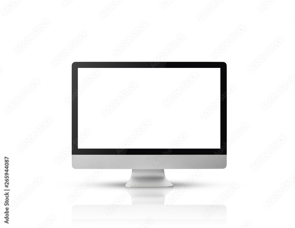 new model of computer display with blank white screen isolated on white ...