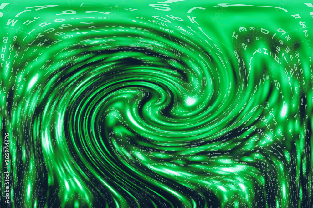 Green blue matrix digital background. Distorted cyberspace concept. Characters fall down in ...