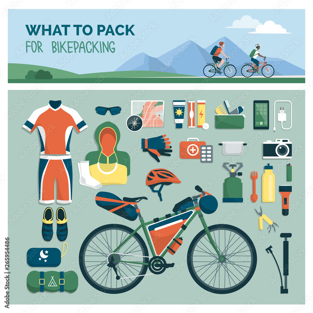 What to pack for bikepacking Stock Vector | Adobe Stock