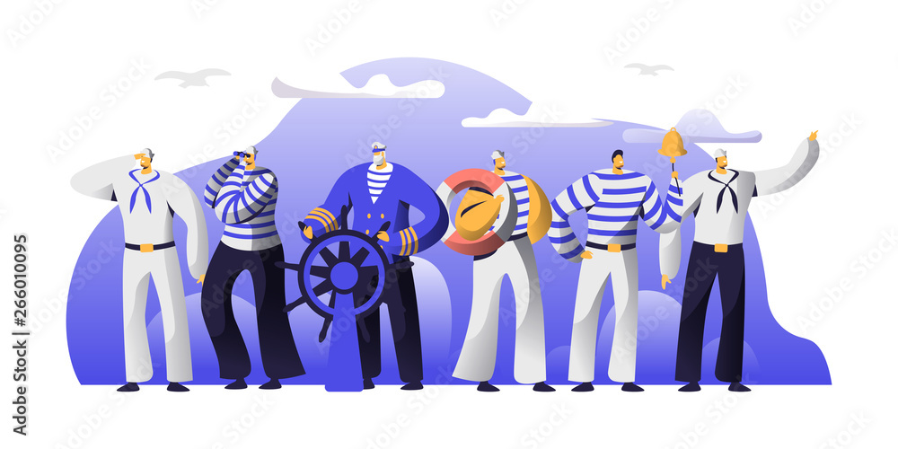 Ship Crew Male Characters in Uniform. Captain at Steering Wheel ...