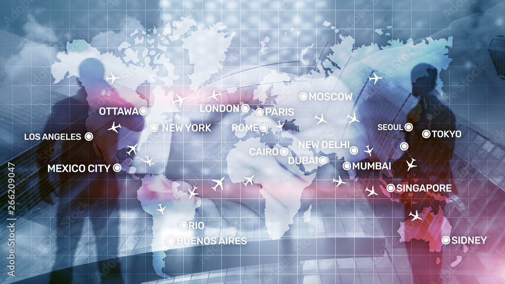 Aviation wallpaper with planes over the map with major city names ...