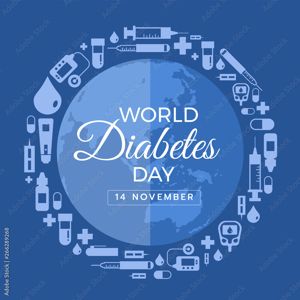 World diabetes day banner with icon diabets tools around circle world ...
