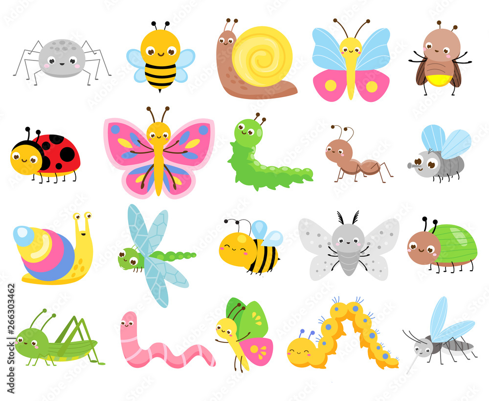 Cute insects. Big set of cartoon insects for kids and children ...