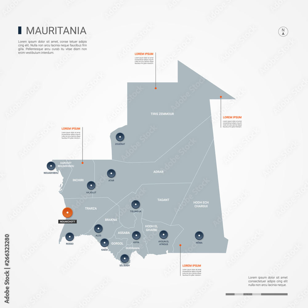 Mauritania map with borders, cities, capital and administrative ...