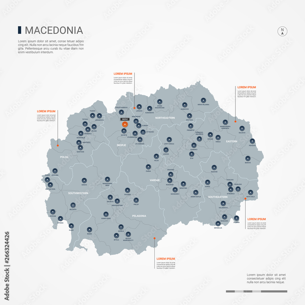Macedonia map with borders, cities, capital and administrative ...