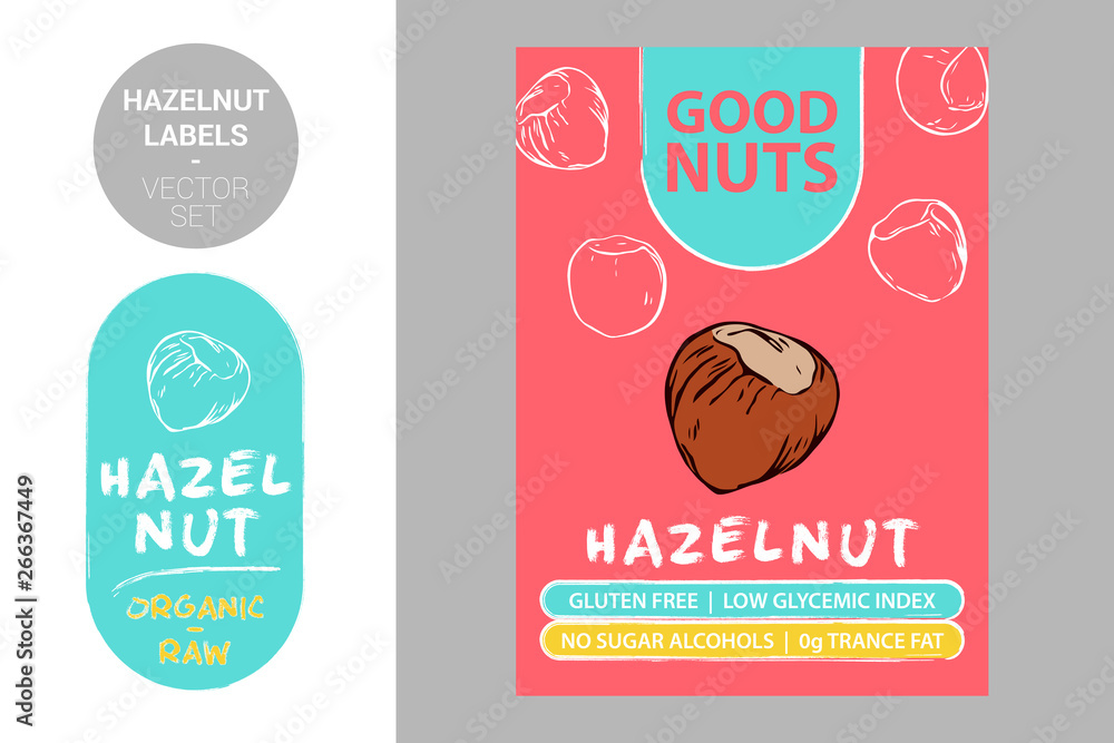 Hazelnut labels with brush stroke elements. Cartoon drawn nuts. Nut ...