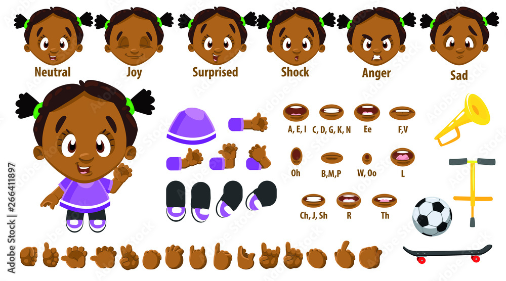 Cartoon afro-american girl constructor for animation. Parts of body ...