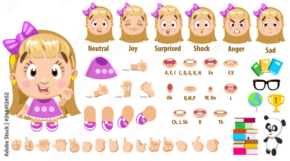 Cartoon blond girl constructor for animation. Parts of body, set of ...