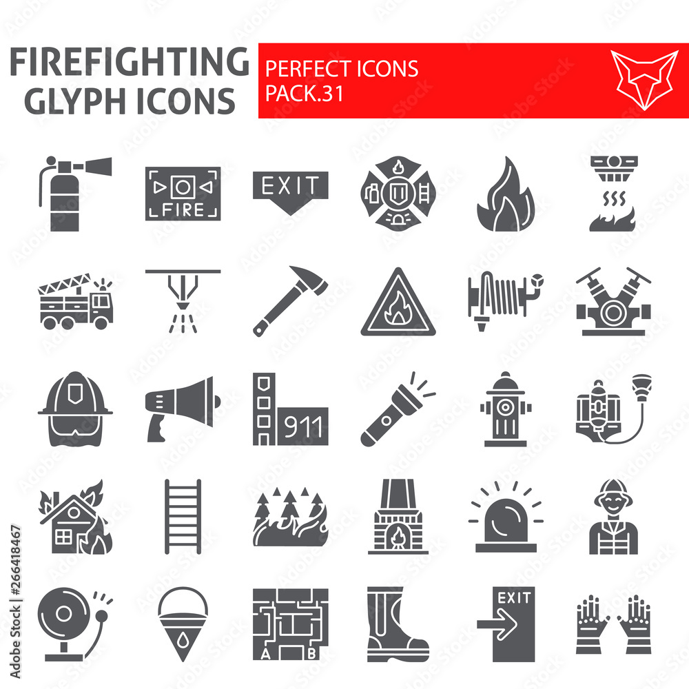 Firefighter glyph icon set, fireman symbols collection, vector sketches ...