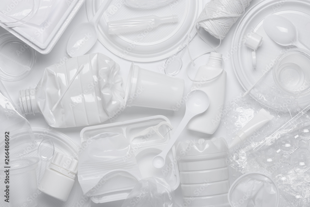 Stock-Foto „Plastic waste. Single-use plastic objects, ecological ...