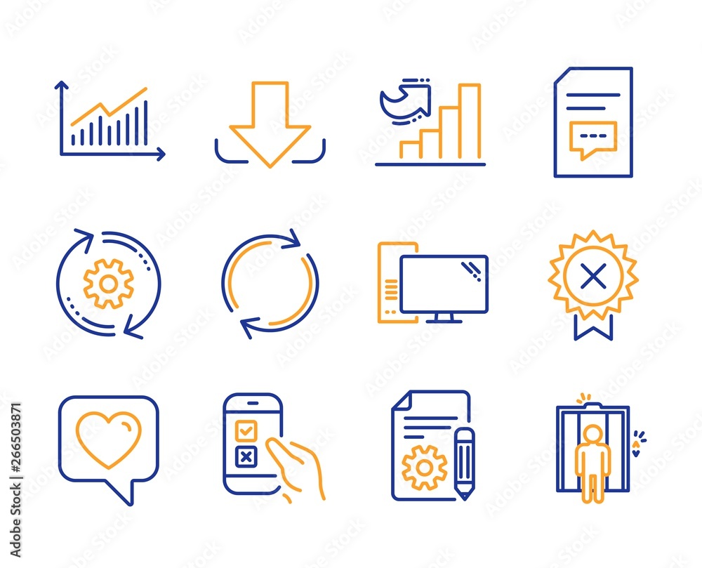 Mobile survey, Heart and Comments icons simple set. Documentation, Graph and Reject medal signs ...