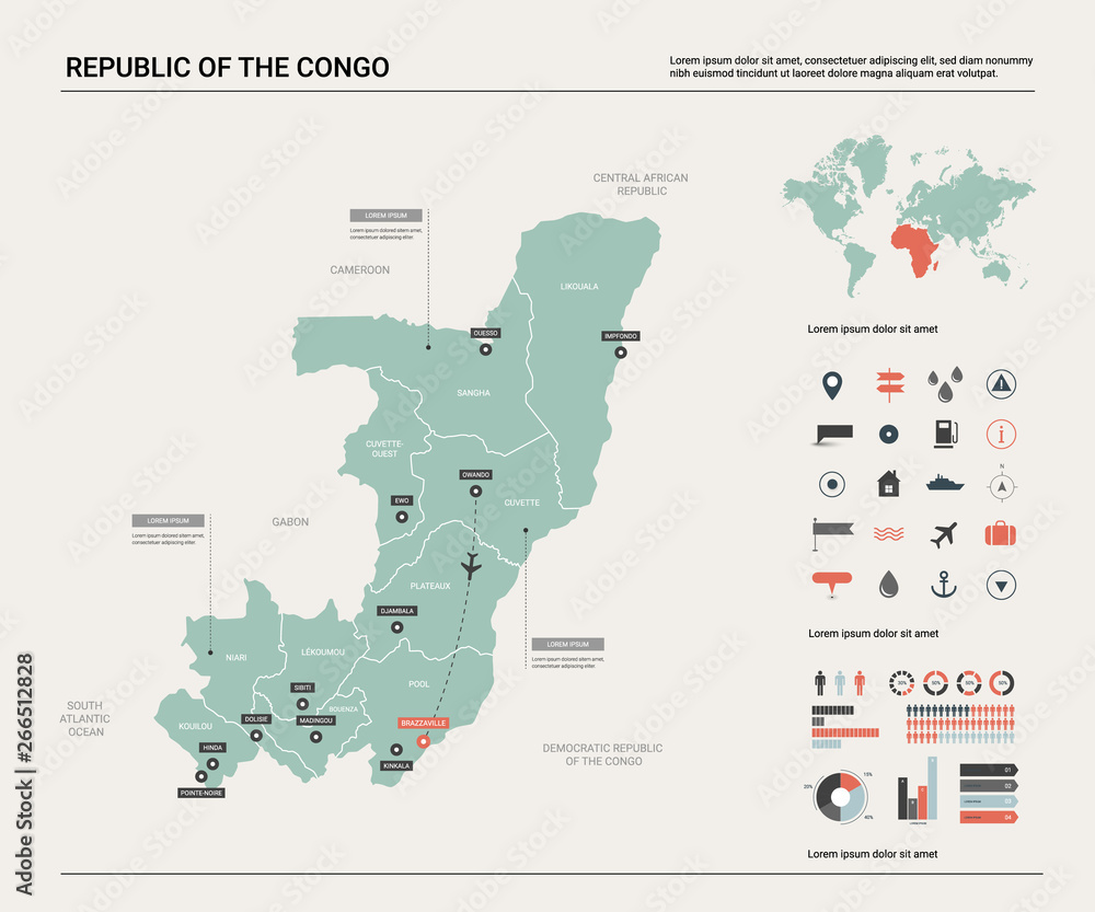 Vector map of Congo. High detailed country map with division, cities ...