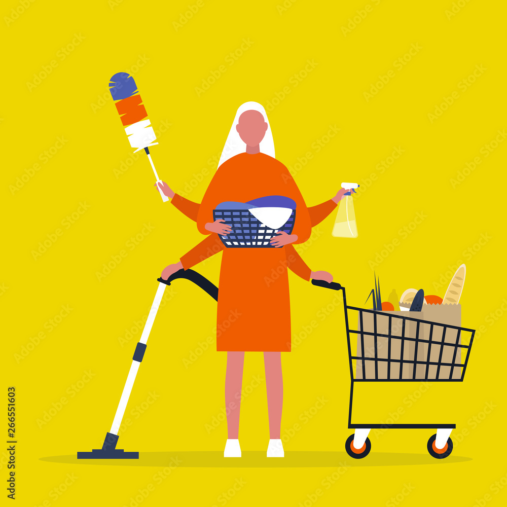 Multitasking daily routine concept. Young female character with four ...