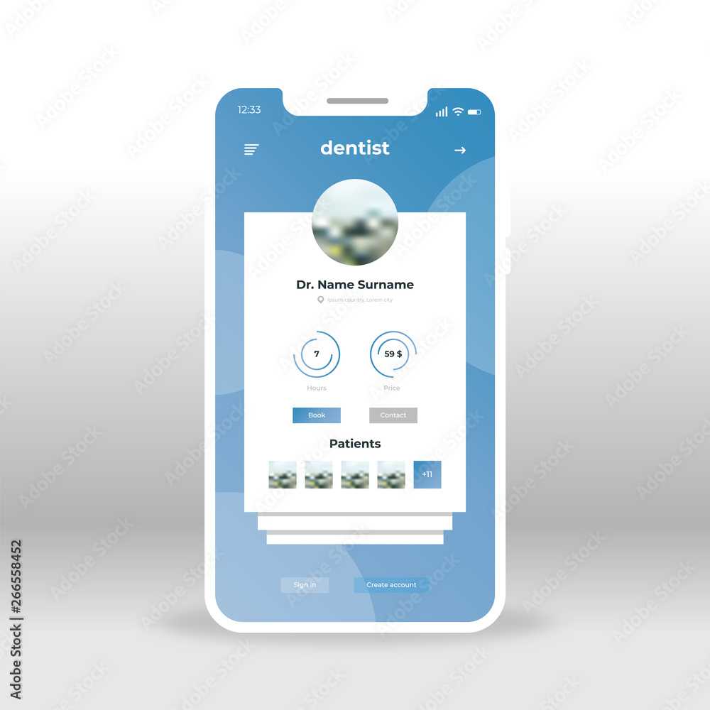 Blue dentist profile UI, UX, GUI screen for mobile apps design. Modern ...