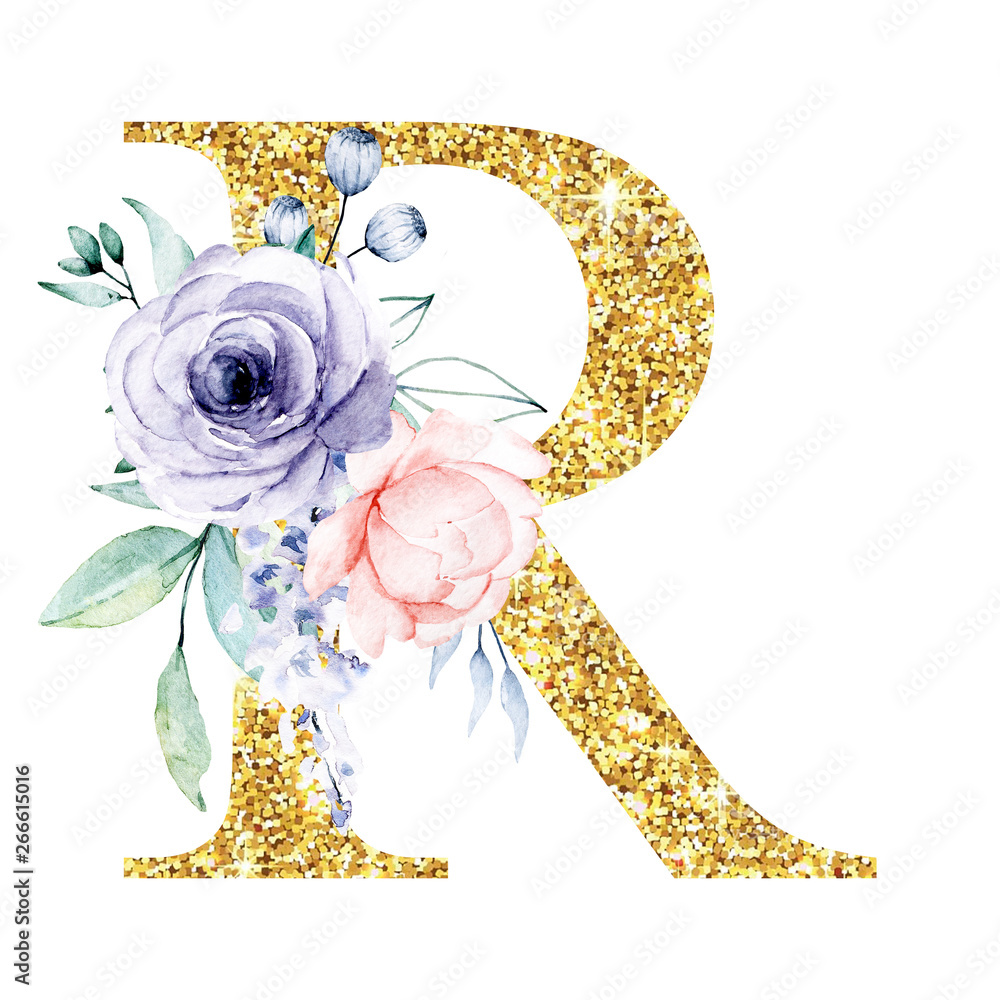 Ilustração Floral alphabet, letter R with watercolor flowers and leaf ...