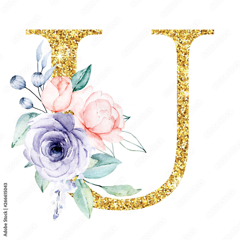 Floral alphabet, letter U with watercolor flowers and leaf. Gold ...