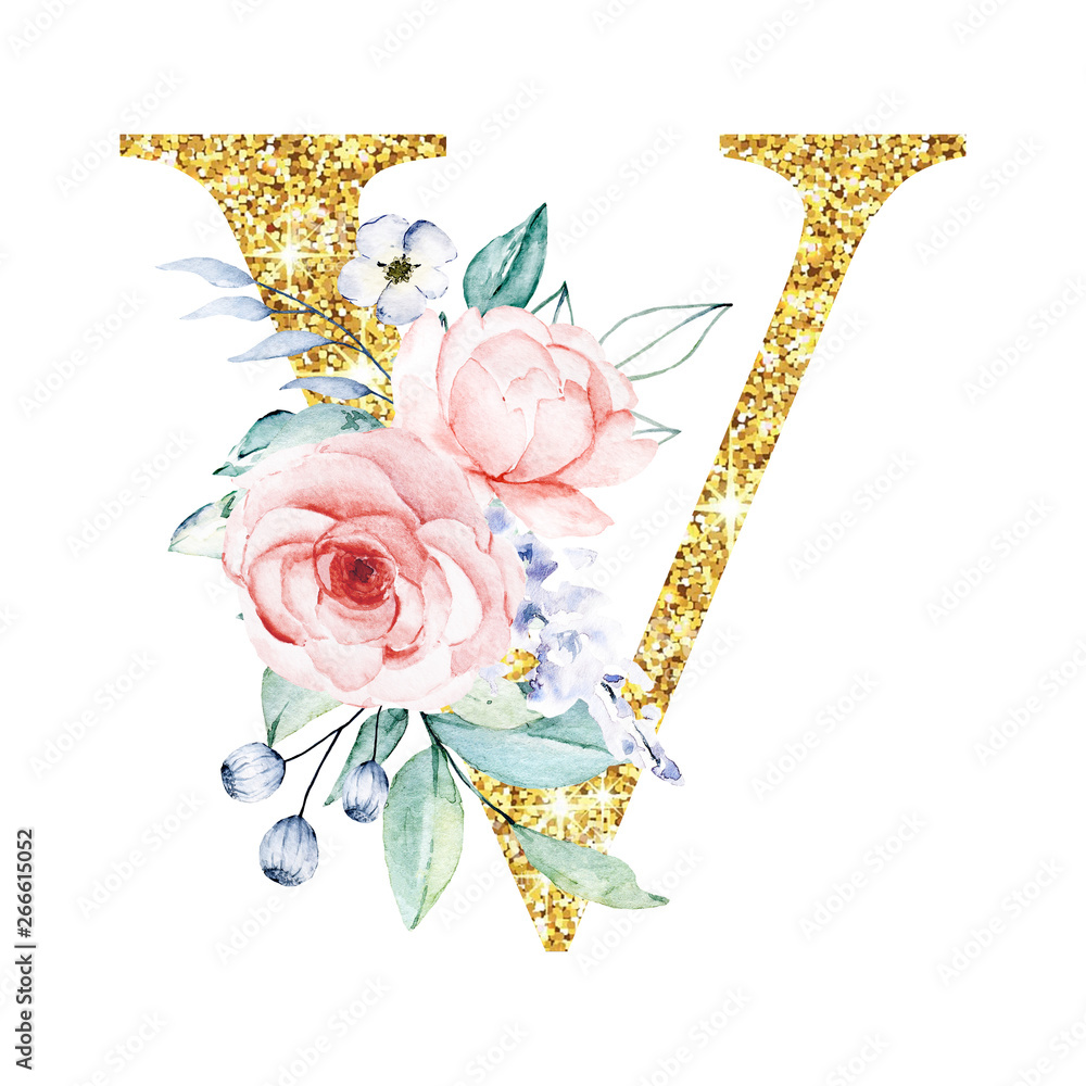 Floral alphabet, letter V with watercolor flowers and leaf. Gold ...