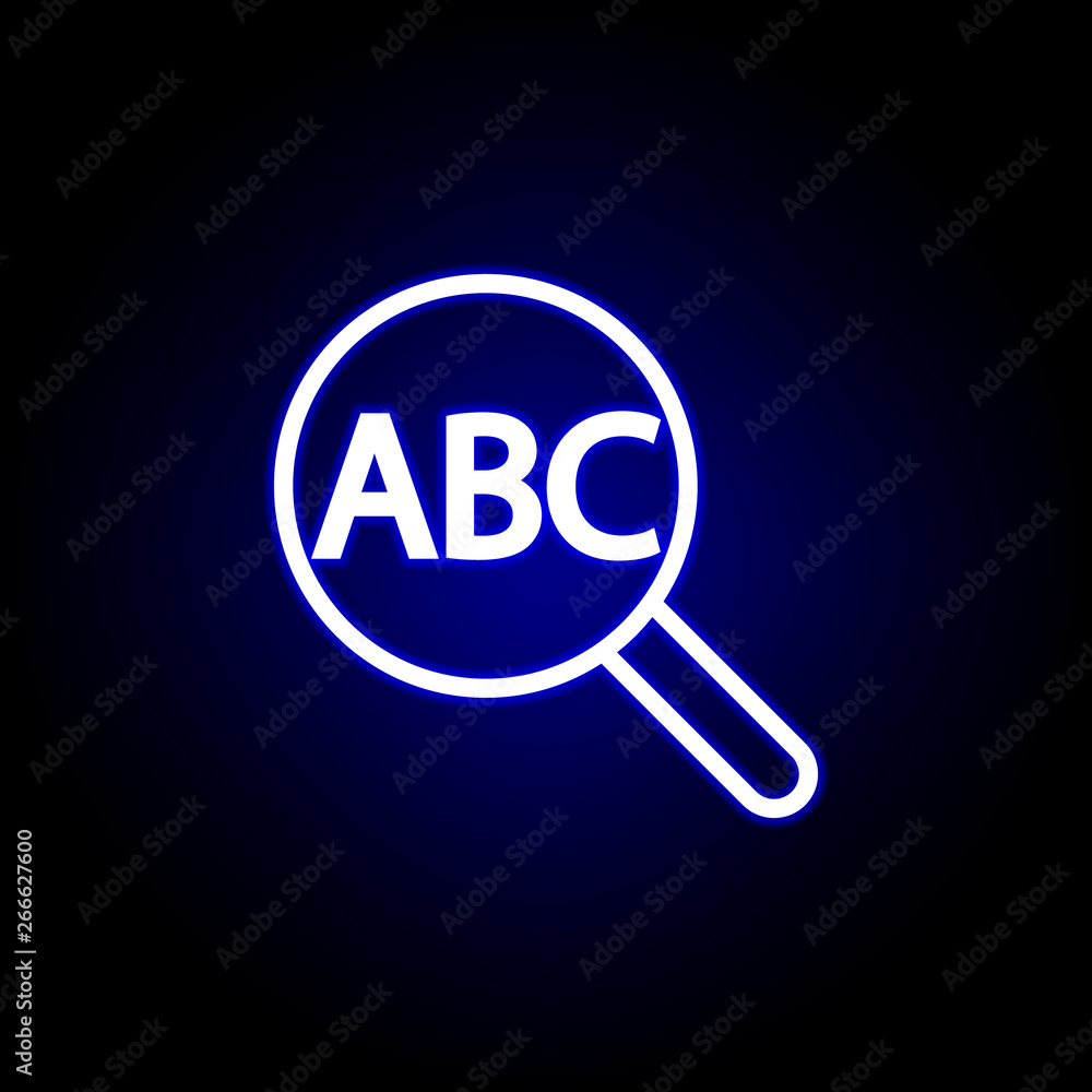 find text, magnifier icon in neon style. Can be used for web, logo ...