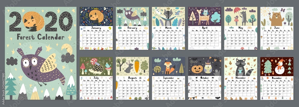 Forest calendar for 2020 year. Printable planner of 12 months with cute ...