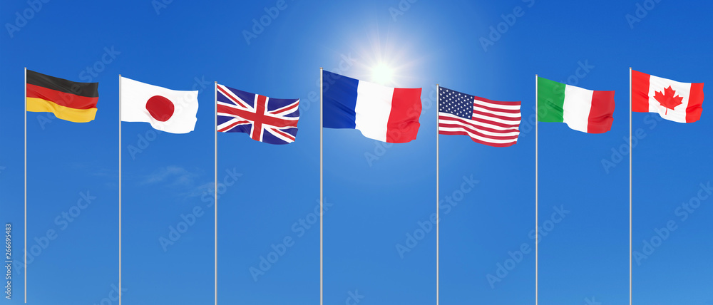 Silk waving G7 flags of countries of Group of Seven Canada, Germany ...