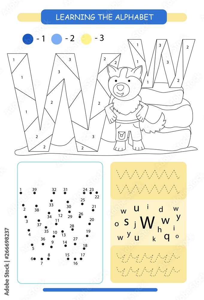 Letter W and funny cartoon wolf. Animals alphabet a-z. Coloring page ...