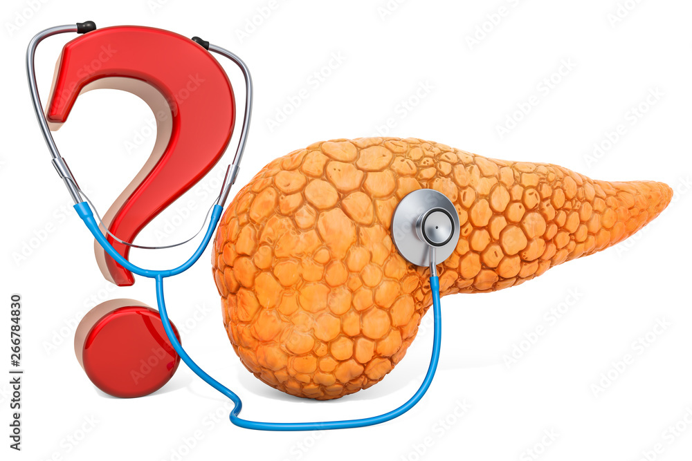 Human pancreas with question mark and stethoscope. Research and ...