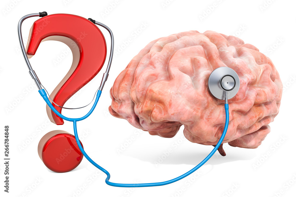 Human brain with question mark and stethoscope. Diagnosis and treatment ...