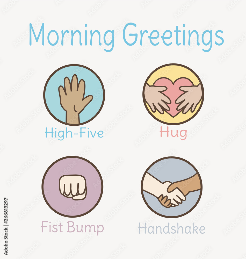School morning greetings for teacher and students. High five, hug, fist ...