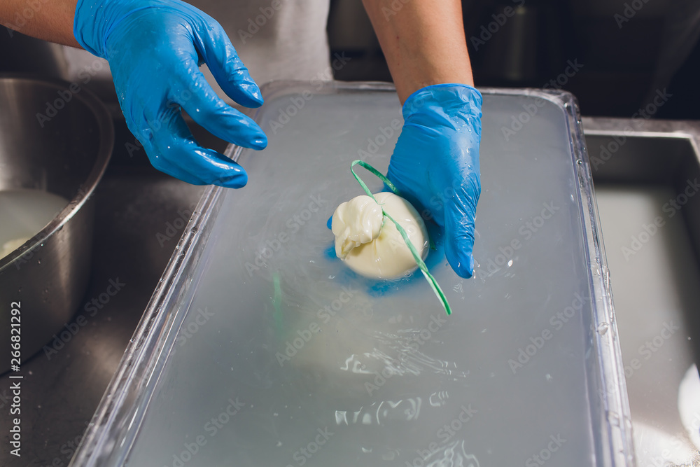 Production process of mozzarella cheese, cheese making process. Stock ...