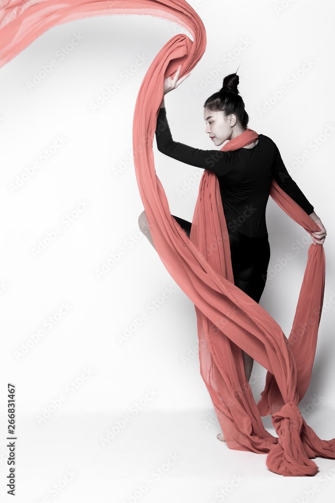 Throwing Flow transparent Fabric in the Air by Beautiful Asian Woman in ...
