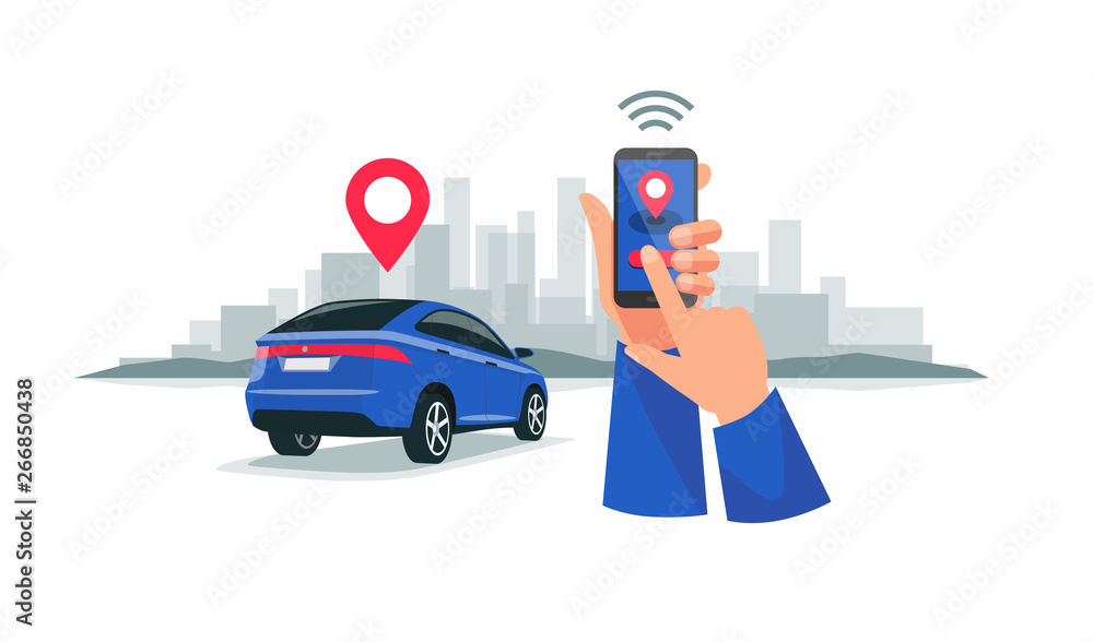 Vector illustration of autonomous wireless remote connected car sharing ...