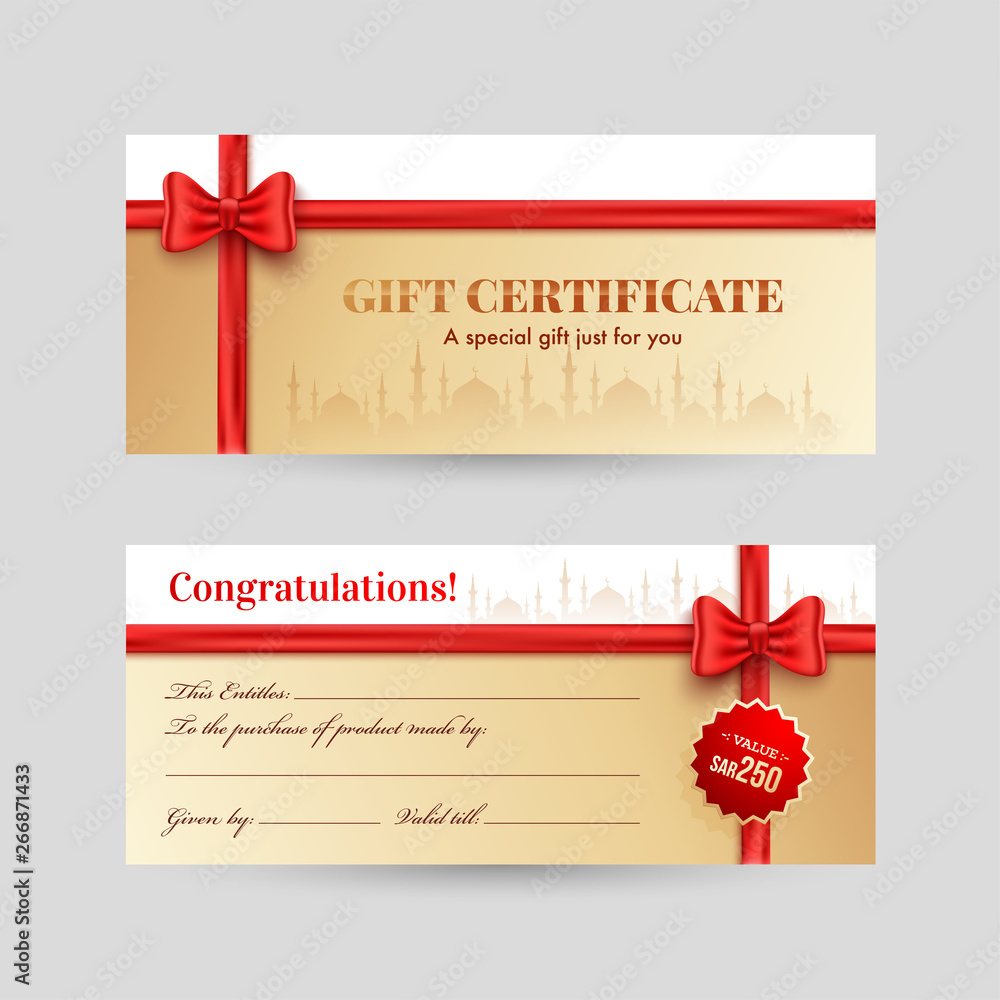 Horizontal view of front and back Gift Certificate with red ribbon ...