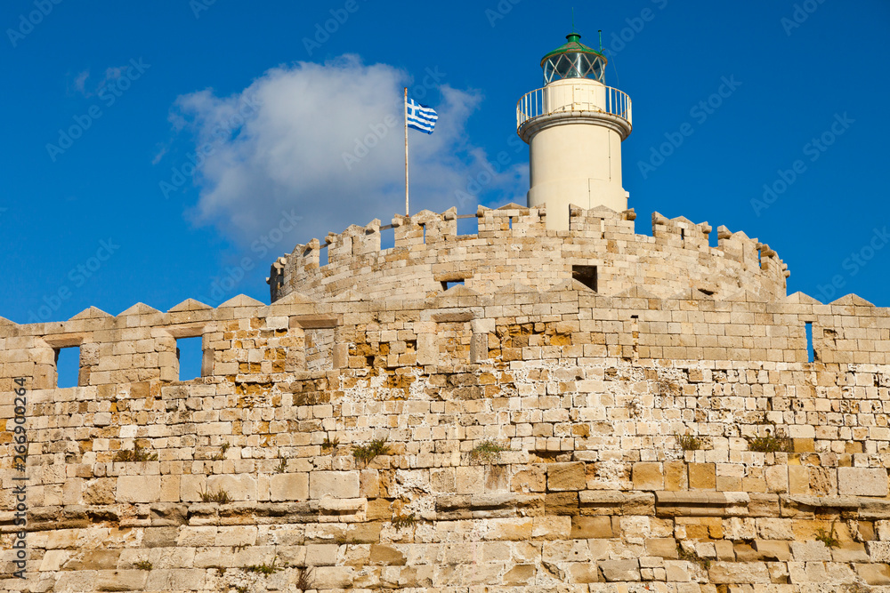 Faro en el Fuerte de San Nicolás, Ciudad de Rodas, Isla de Rodas ...