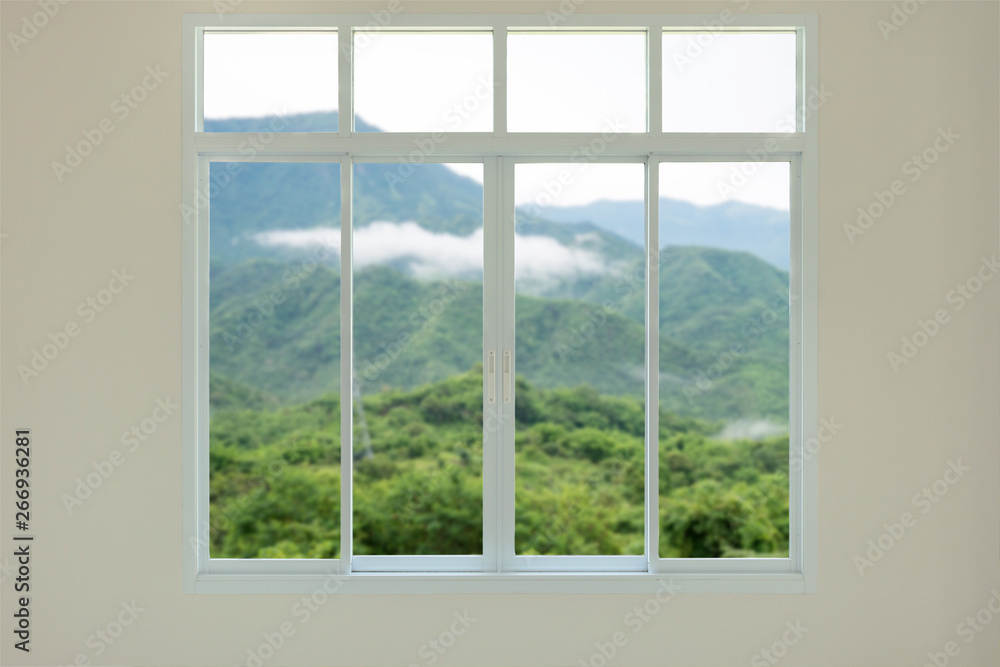 Modern house window view with mountain background Stock Photo | Adobe Stock