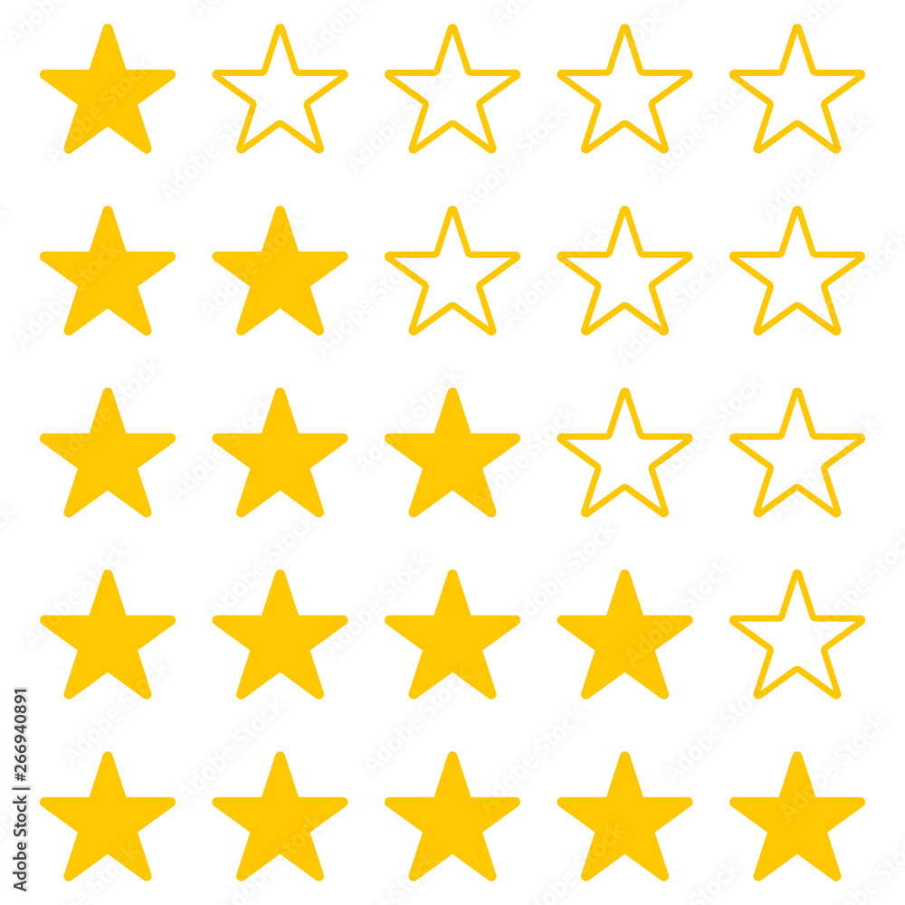 Vector image of a set of yellow stars. Rating, one star, two stars, three stars, four stars ...