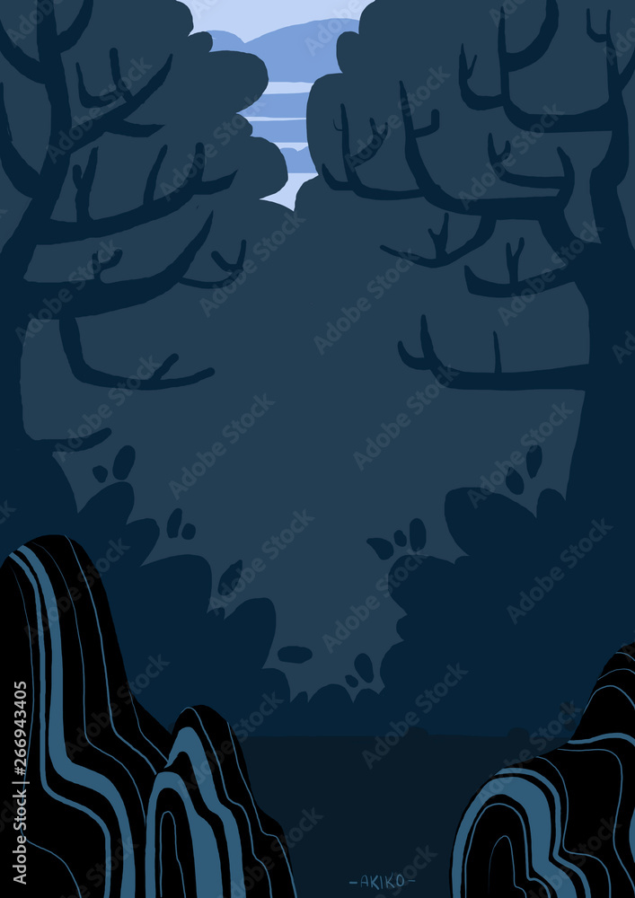 Ilustración de bosque tenebroso oscuro mágico. Fondo en tonos azules y ...
