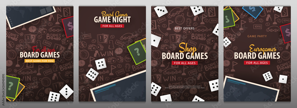 Set of Board Games banners with dice, playing cards and map. Hand draw ...