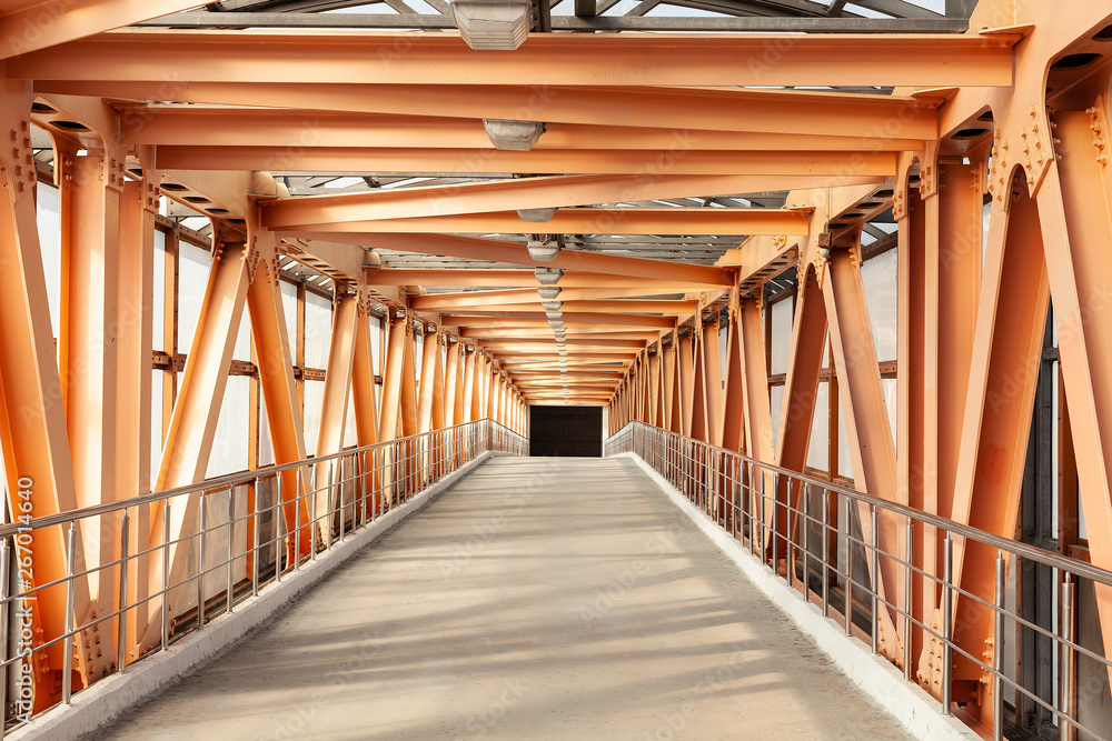 Orange Metal Construction Of Pedestrian Overpass. Pedestrian Bridge ...