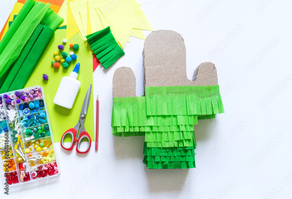 Diy cinco de mayo Mexican Pinata cactus made cardboard and crepe paper ...