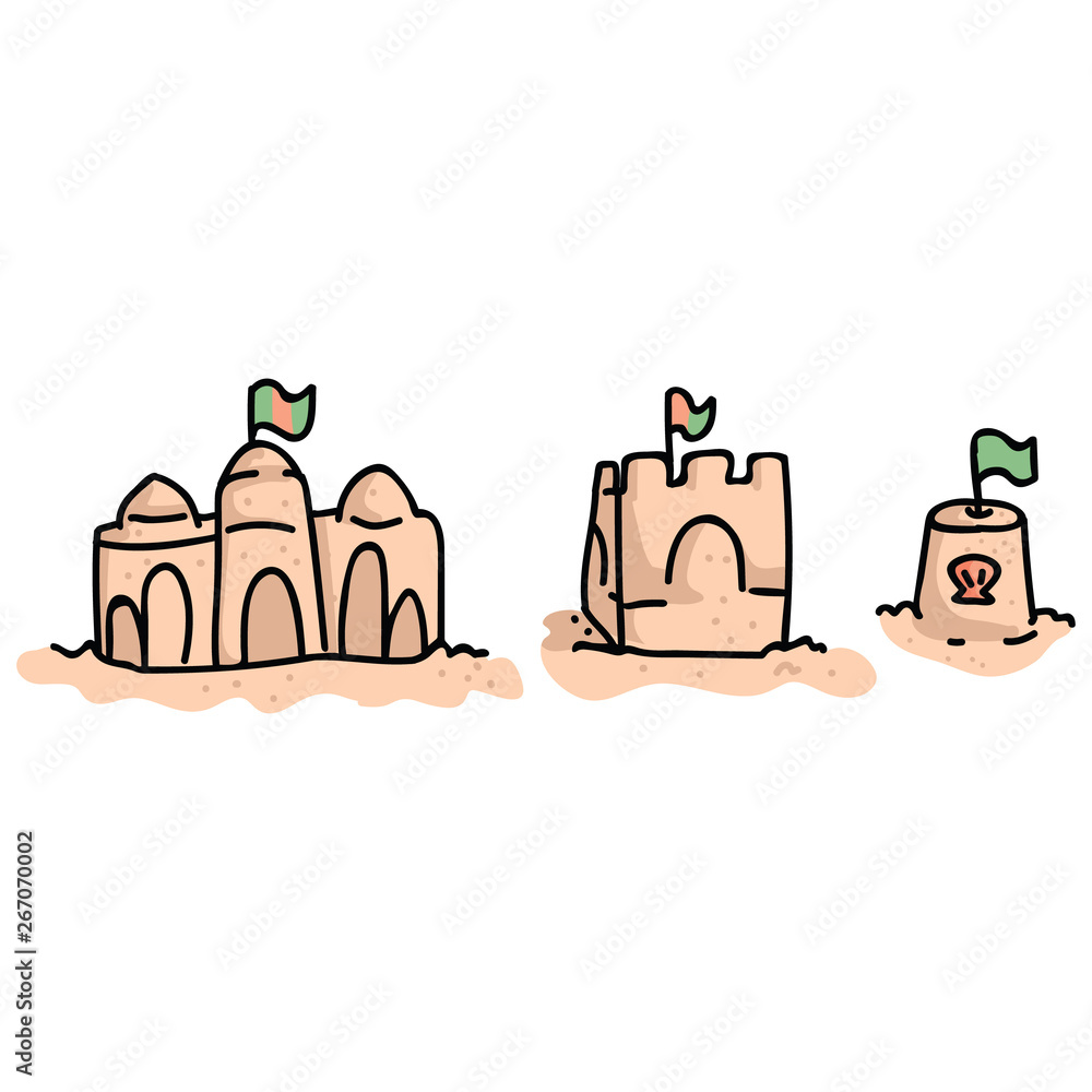 Cute beach sand castles with flag cartoon vector illustration motif set ...