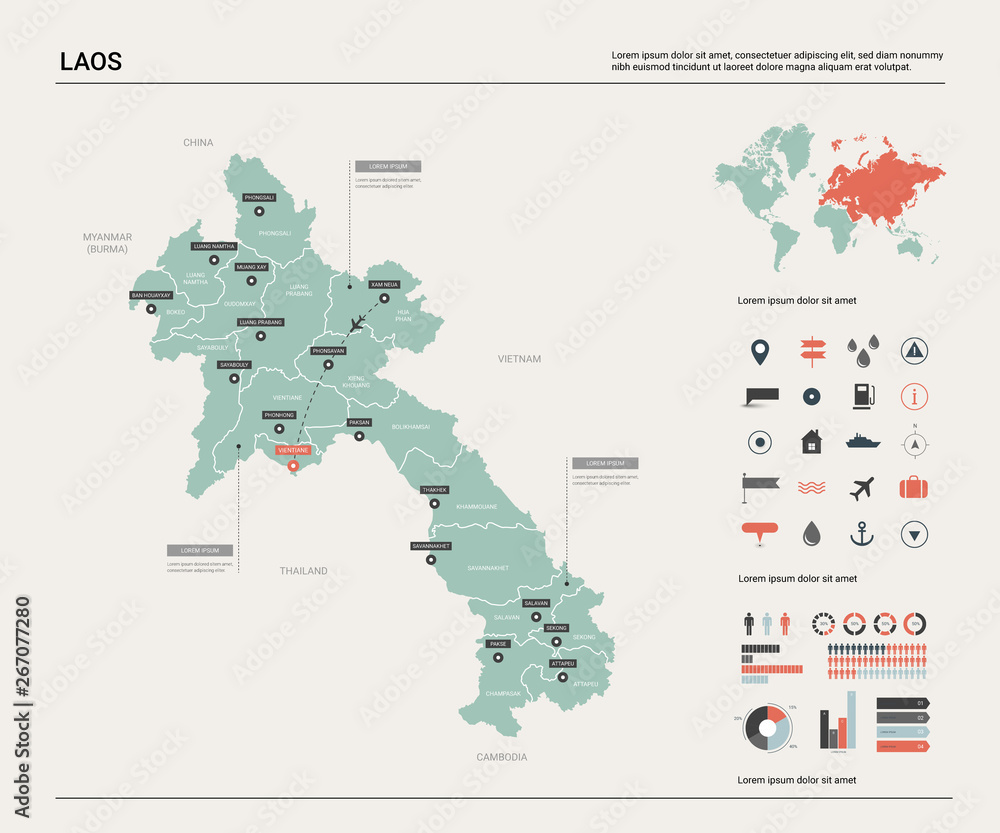 Vector map of Laos. High detailed country map with division, cities and capital Vientiane ...