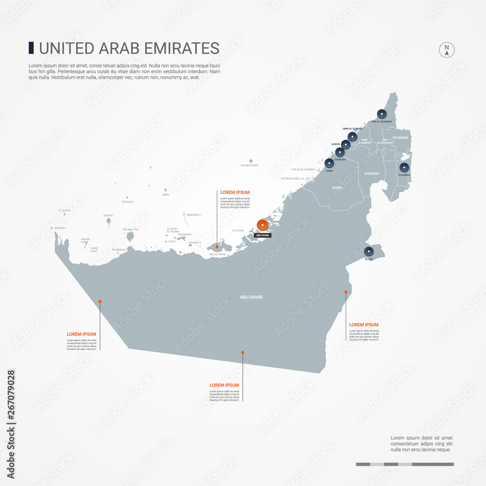 United Arab Emirates map with borders, cities, capital and ...
