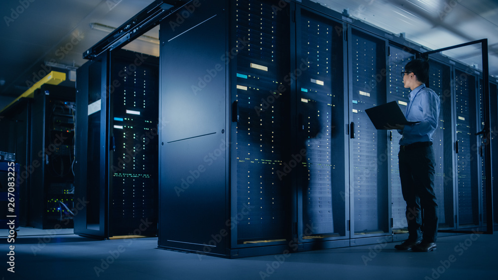 In Data Center: Male IT Technician Running Maintenance Programme on a ...