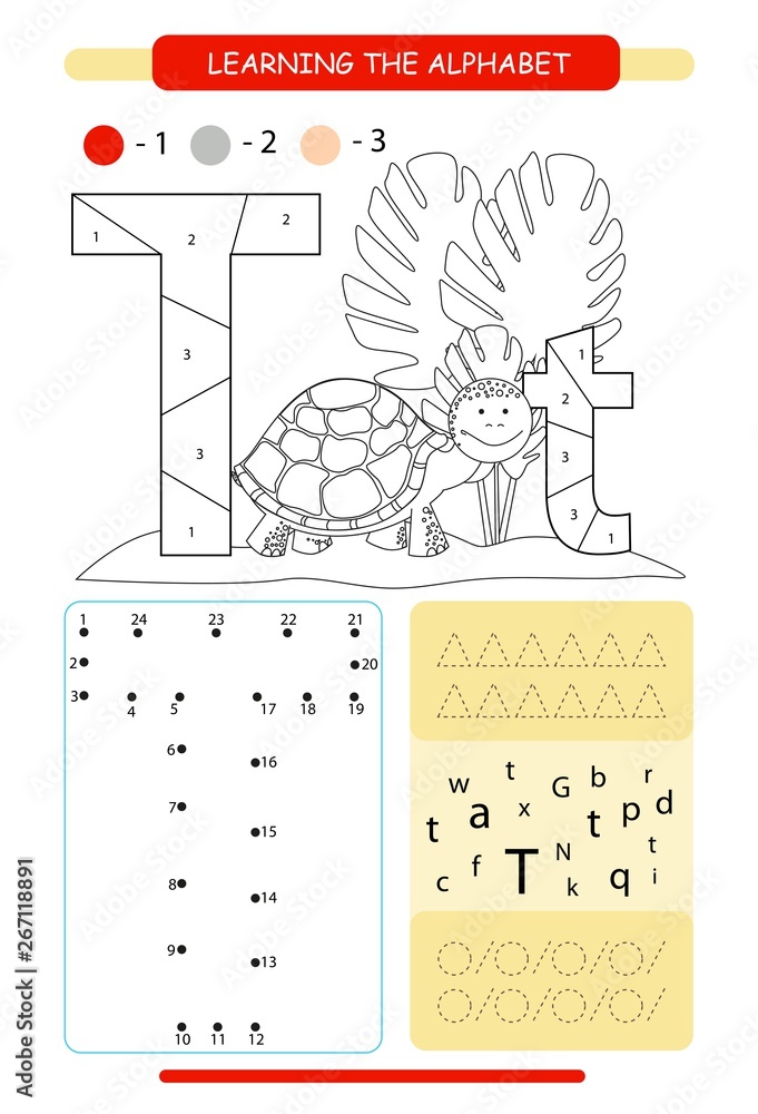 Letter T and funny cartoon turtle. Animals alphabet a-z. Coloring ...