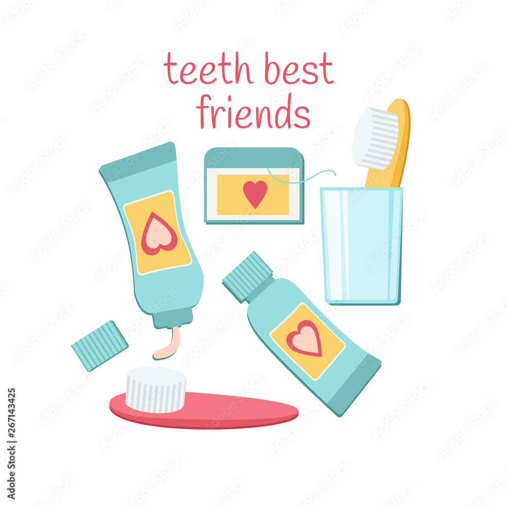 Teeth best friends -toothbrush, toothpast and floss. Dental concept for ...